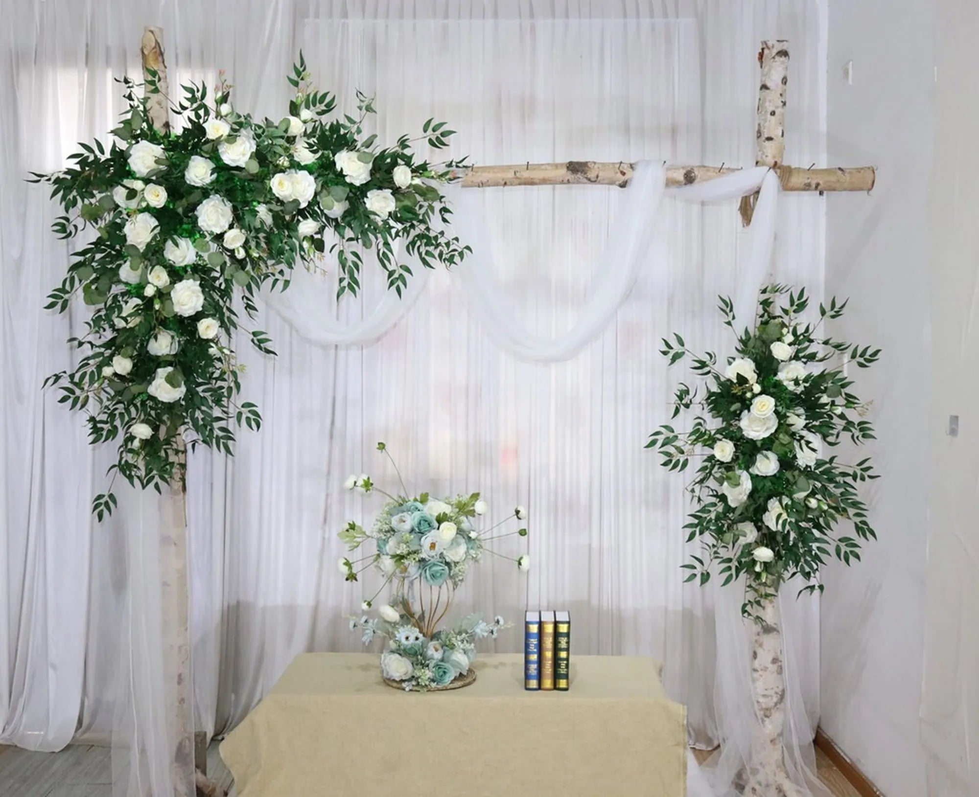Wedding Arch Flowers & Table Runner in White and Forest Green Rose ...